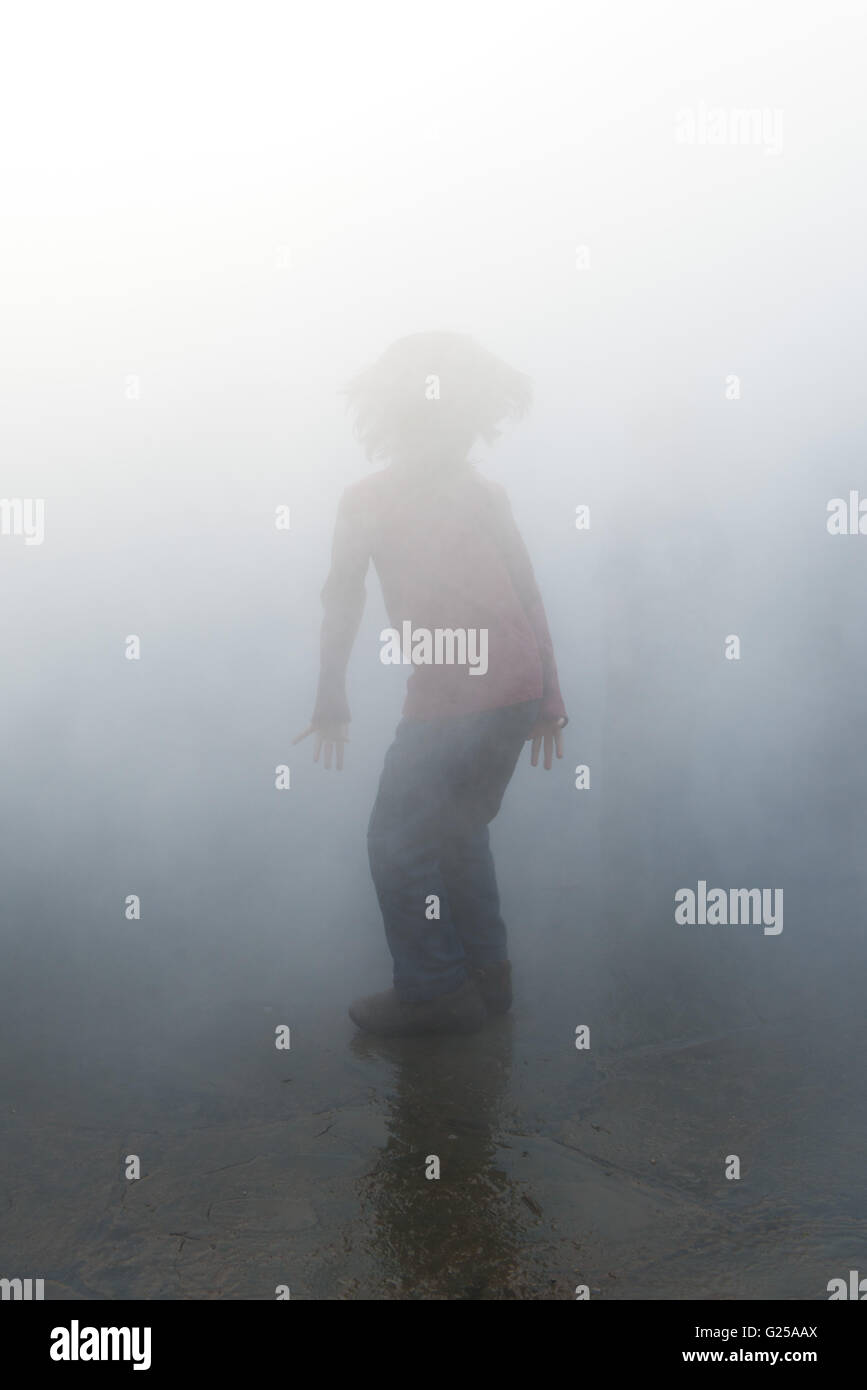 Silhouette of a boy playing in mist Stock Photo - Alamy