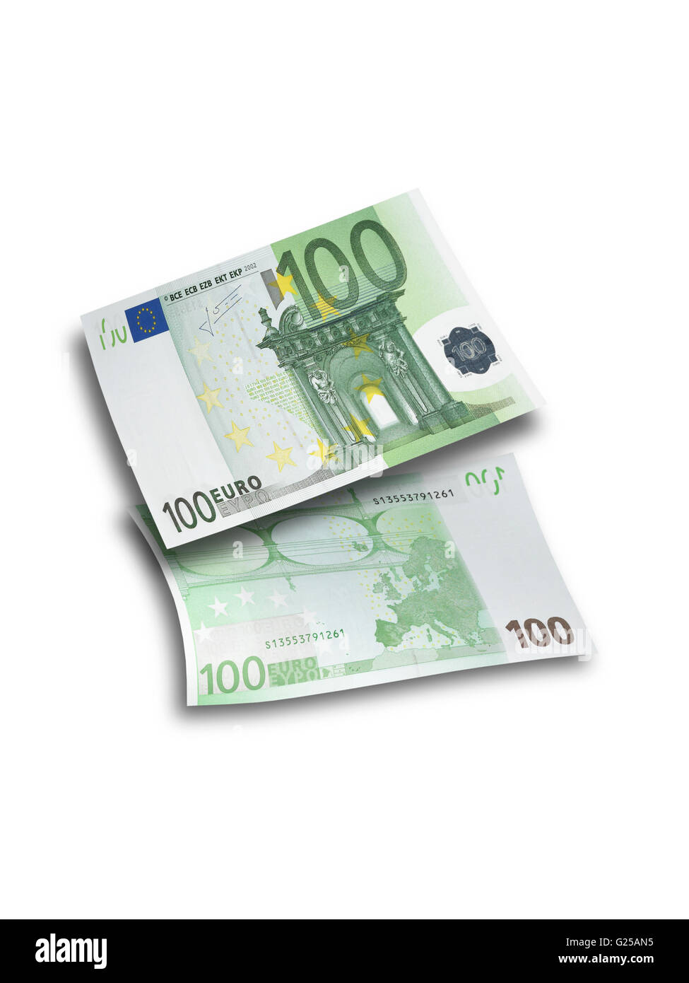 One hundred euro bill collage isolated on white. Vertical format Stock ...