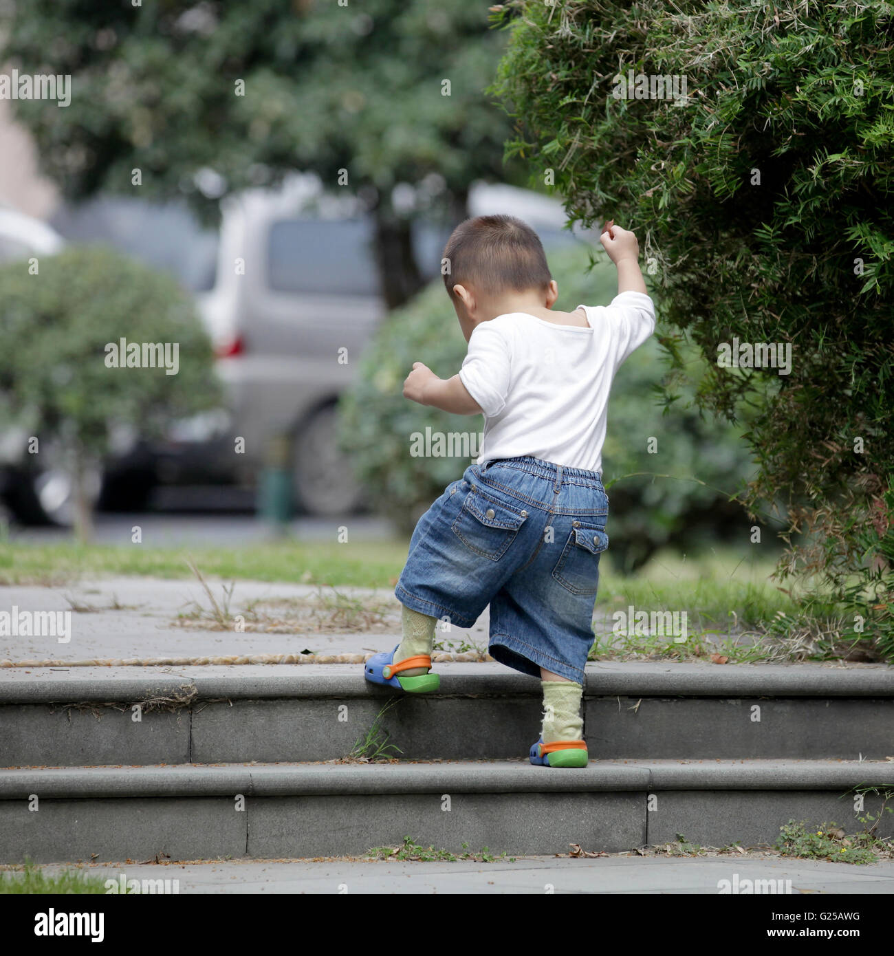 Rear view of boy walking up step Stock Photo - Alamy