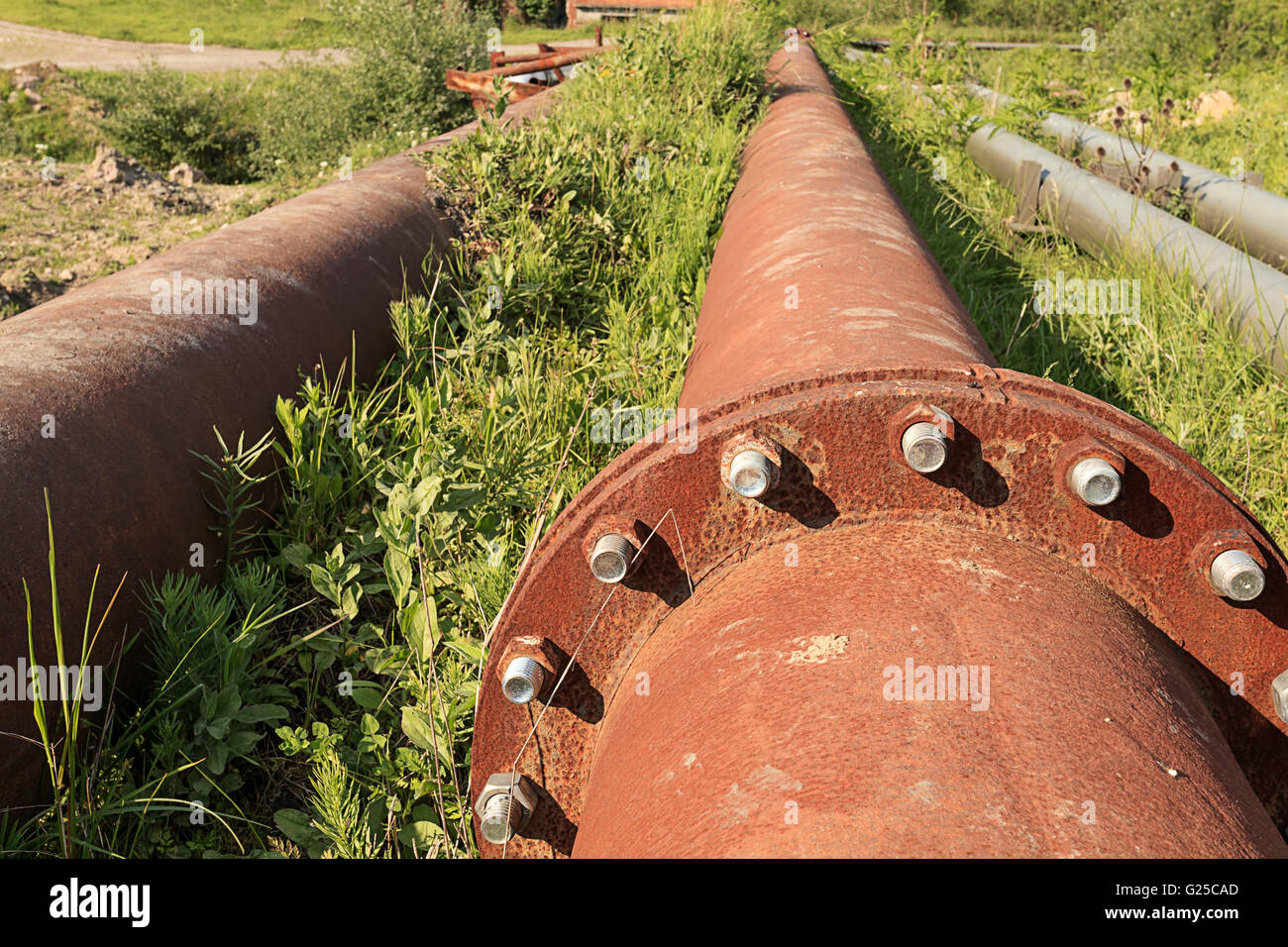 Rusty steel pipelines in grass field Stock Photo - Alamy