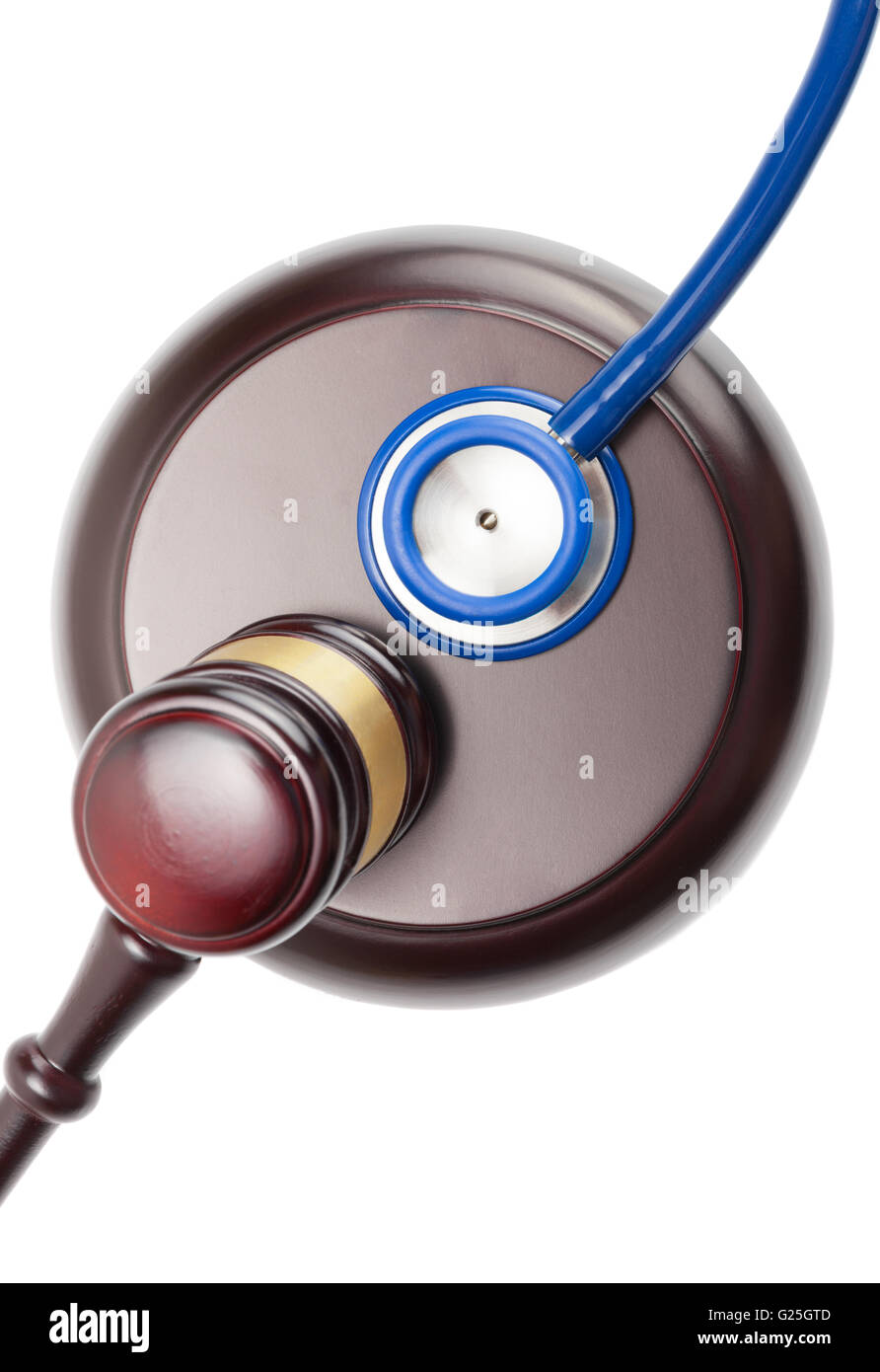 Close up shot of wooden judge gavel and stethoscope on white Stock ...