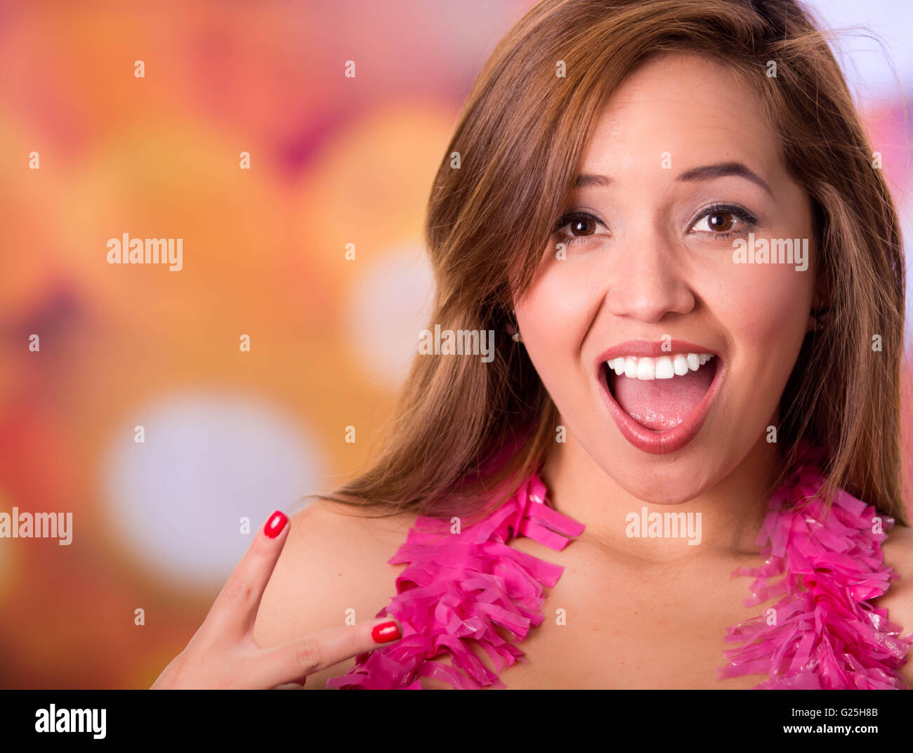 Hand expression of peace and love, woman with pink necklace and colored ...