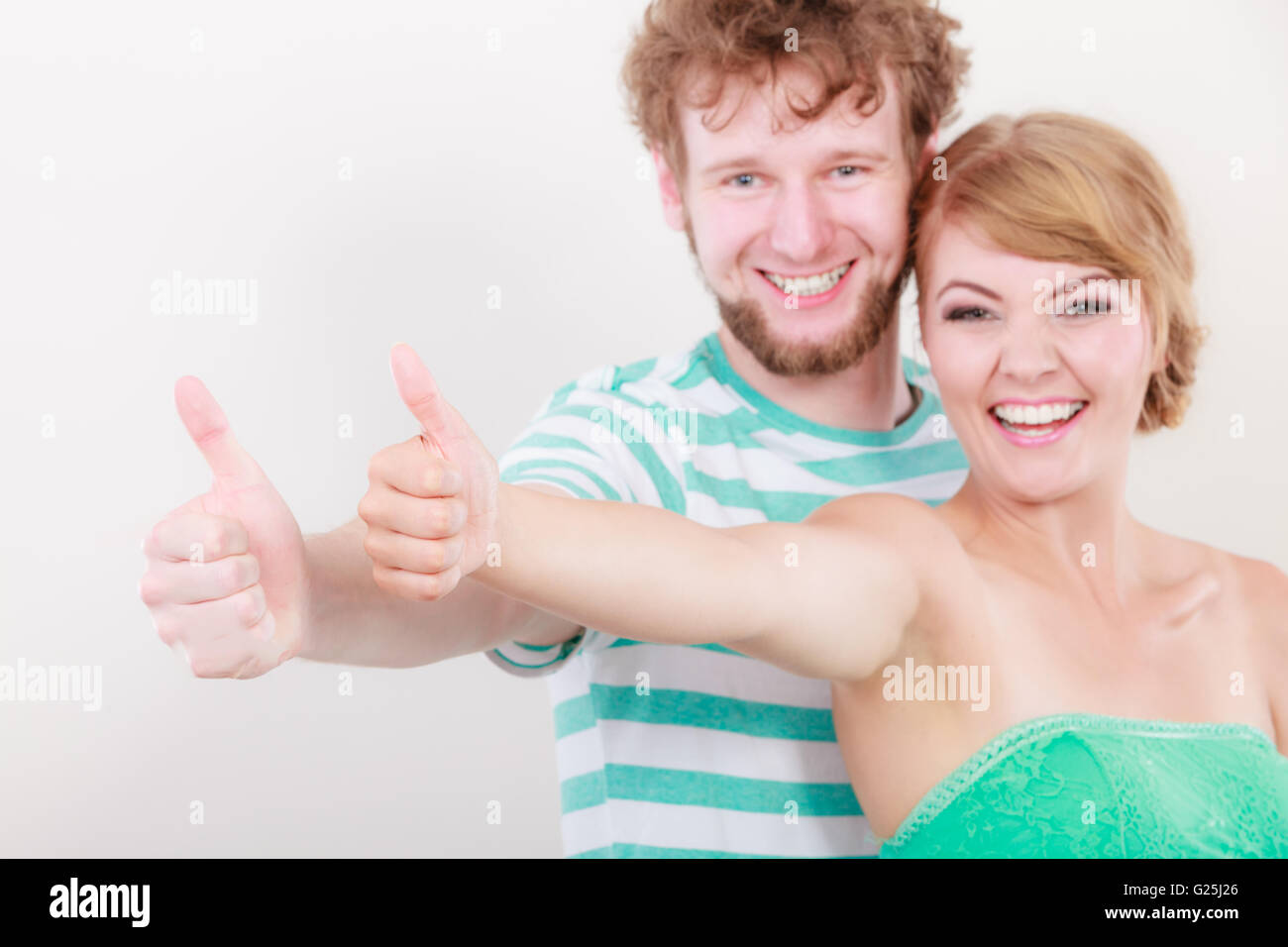 happy couple love excited smiling holding thumb up gesture, having fun ...