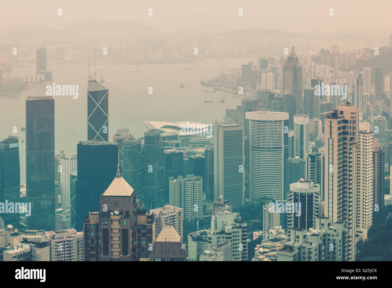 Haze Hong Kong downtown view from Victoria peak. Filtered shot Stock ...