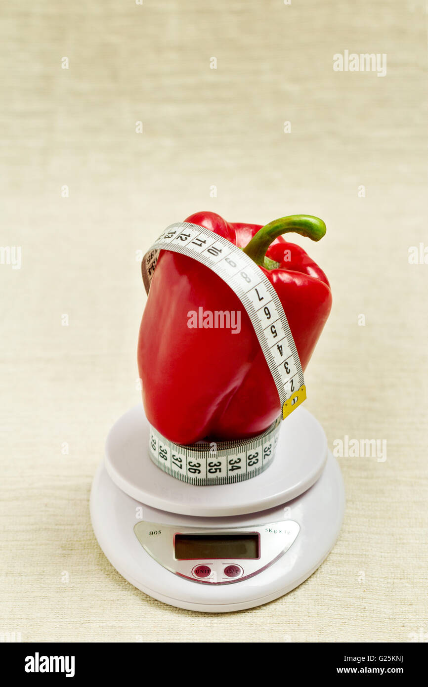 Concept of diet, health. Red sweet bell pepper with a meter on the ...