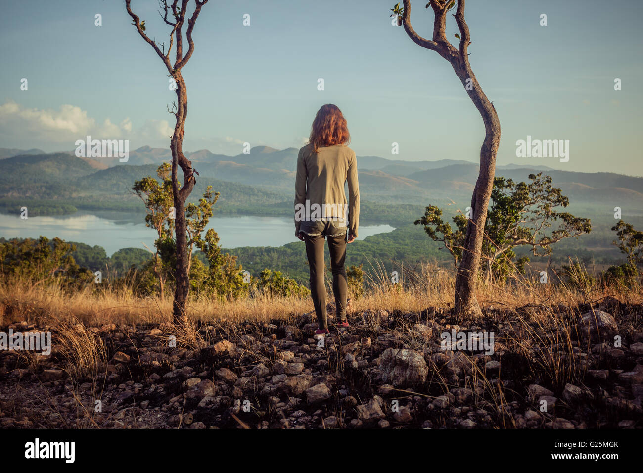 A young woman is standing between two trees on a mountain Stock Photo ...