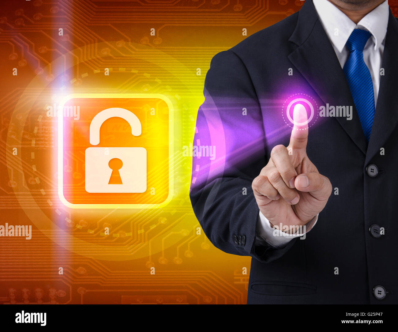 Hand pushing virtual security button on digital background Stock Photo ...