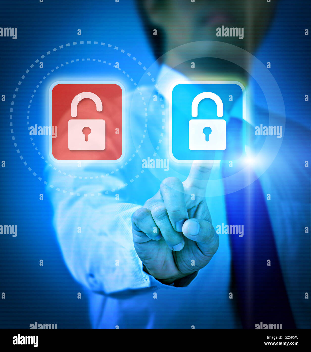 Hand pushing virtual security button on digital background Stock Photo ...