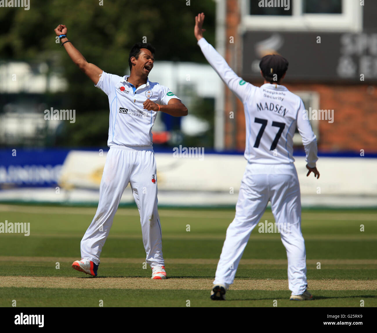 Derbyshire's Shiv Thakor celebrates the wicket of Kent's Sam Northeast ...