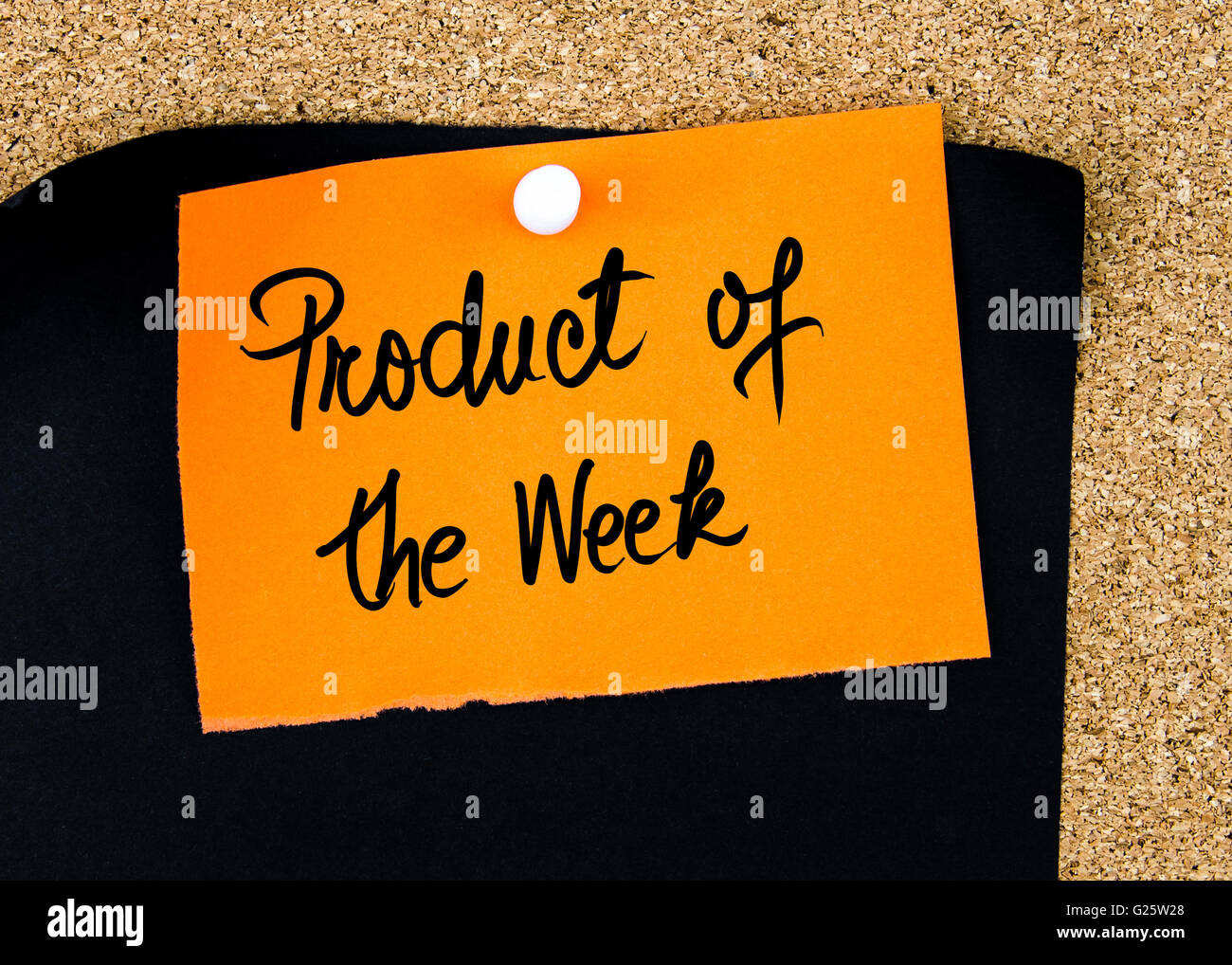 Product Of The Week written on orange paper note pinned on cork board ...