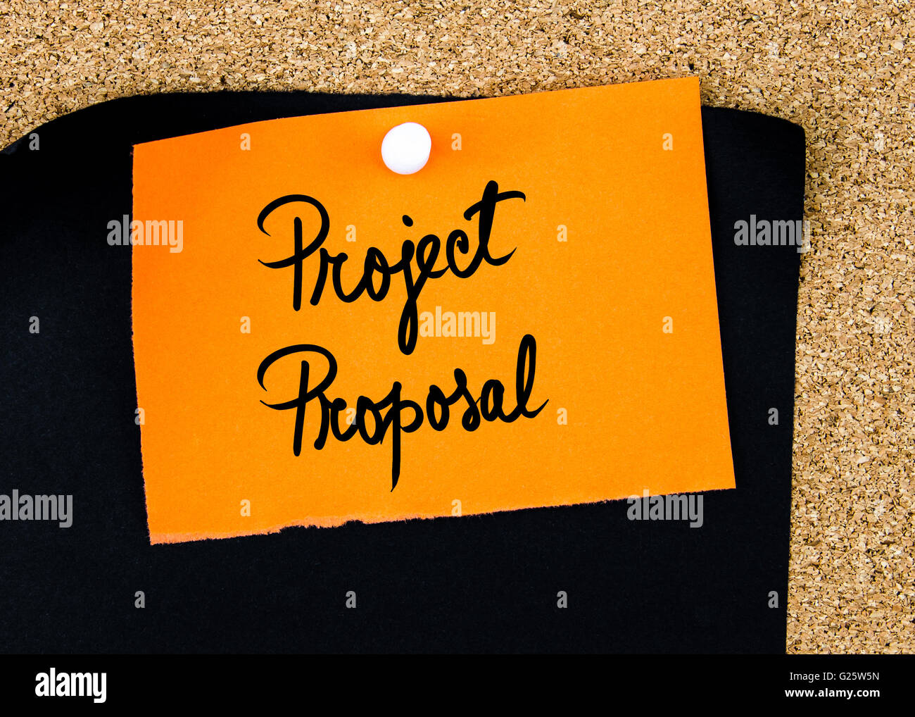 Project Proposal written on orange paper note pinned on cork board with ...