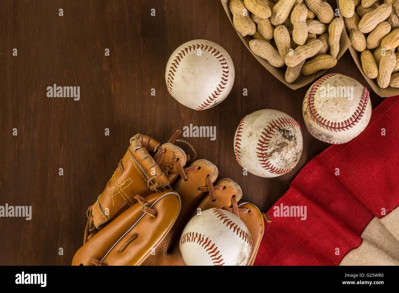 Close up of old worn baseball equipment on a wooden background Stock ...