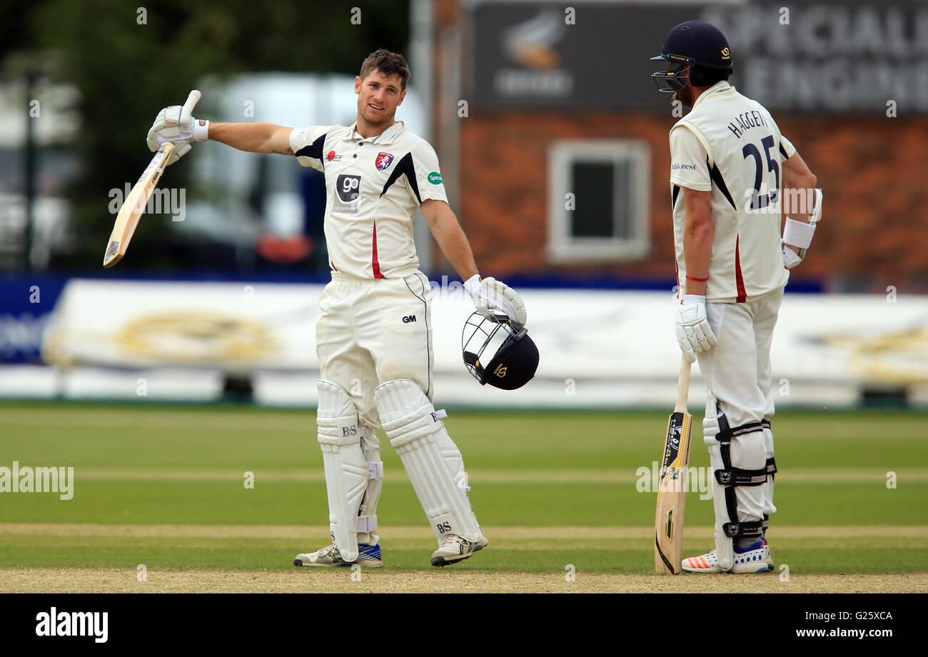 Kent's Sean Dickson celebrates scoring a century during day three of ...