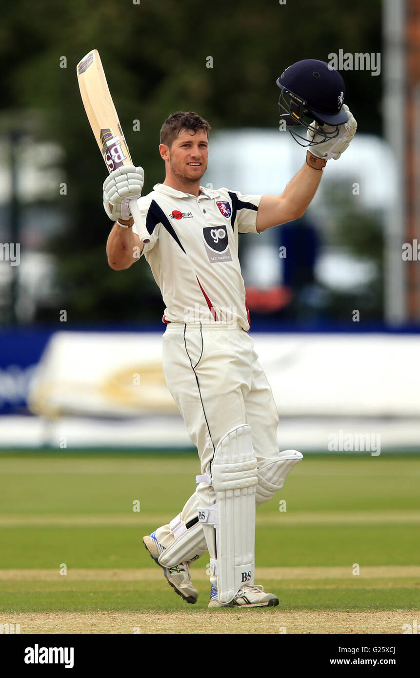 Kent's Sean Dickson celebrates scoring a century during day three of ...