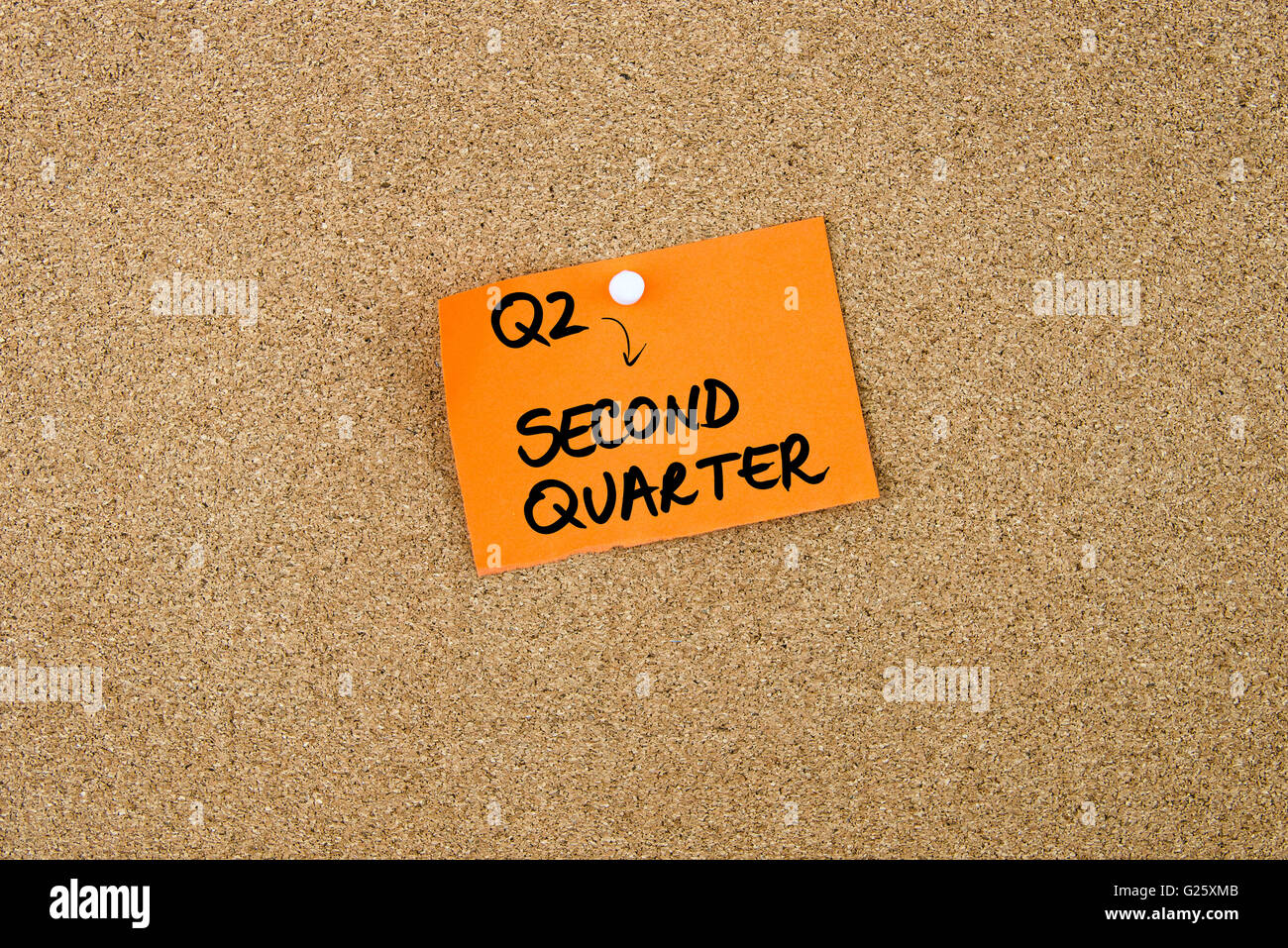 Q2 as SECOND QUARTER written on orange paper note pinned on cork board ...