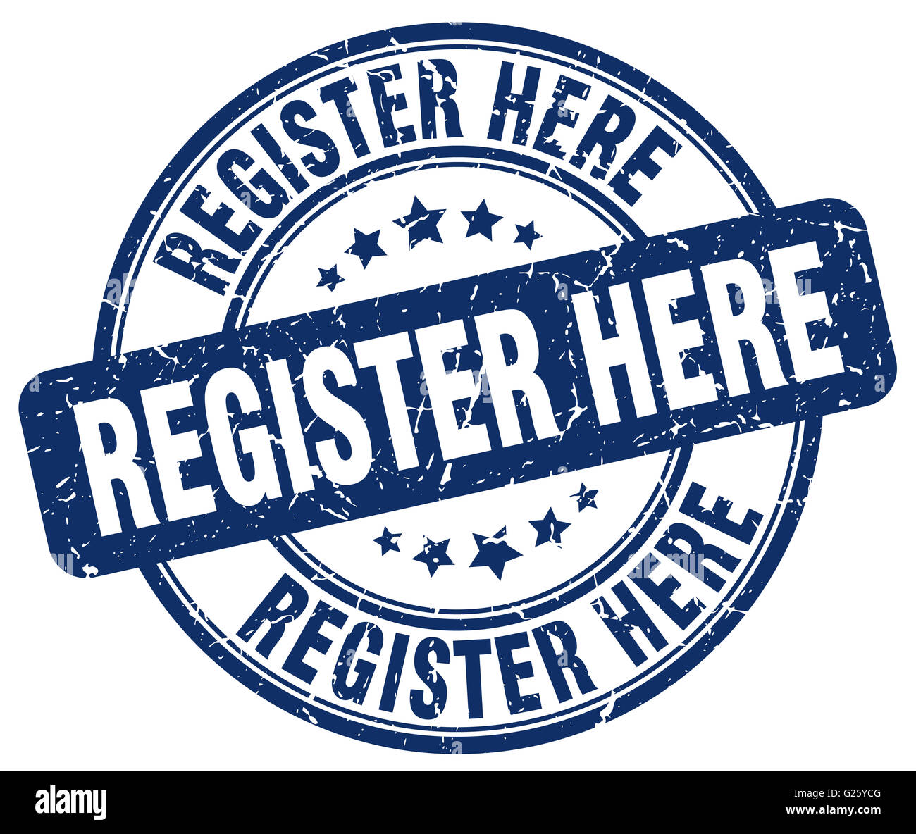 register here blue grunge round vintage rubber stamp Stock Photo - Alamy