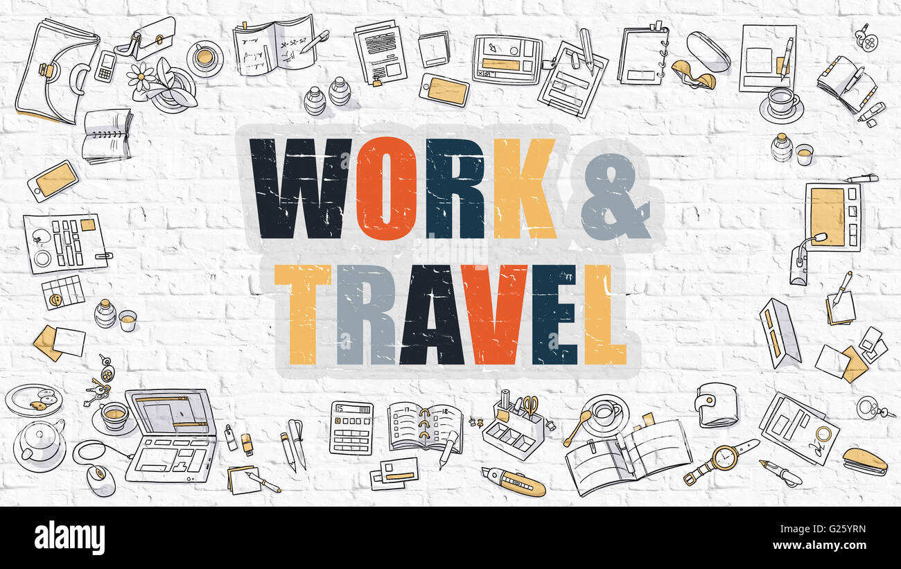 Work and Travel on White Brick Wall Stock Photo - Alamy