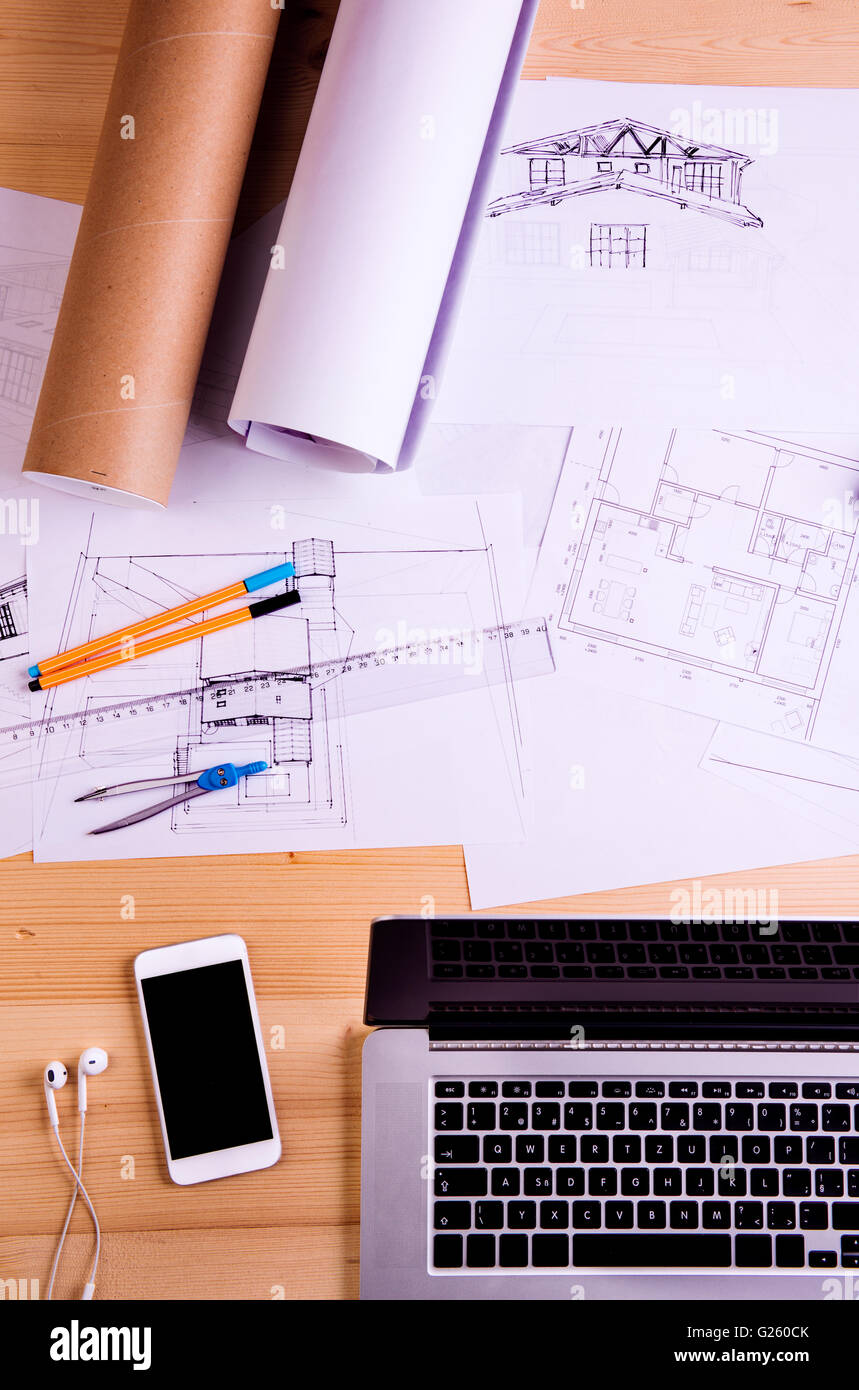 Gadgets and office supplies, chart graph. Wooden background Stock Photo ...