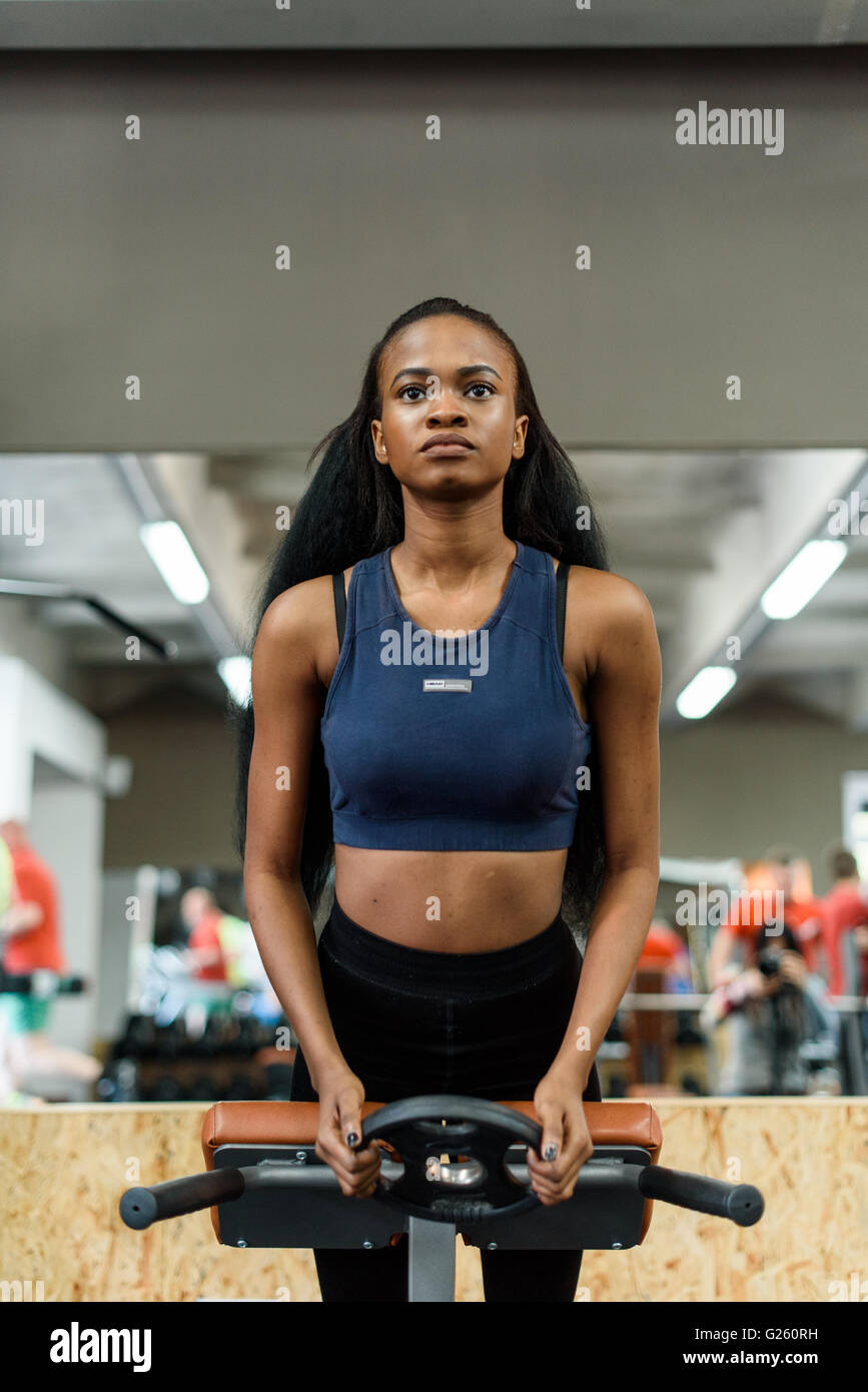 Portrait of beautiful black african american fitness instructor during ...
