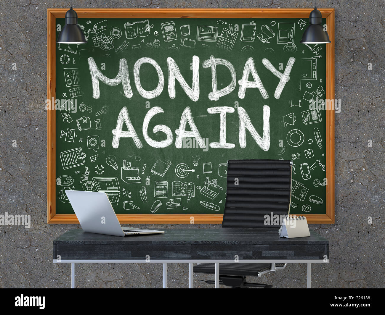 Monday Again Concept. Doodle Icons on Chalkboard Stock Photo - Alamy