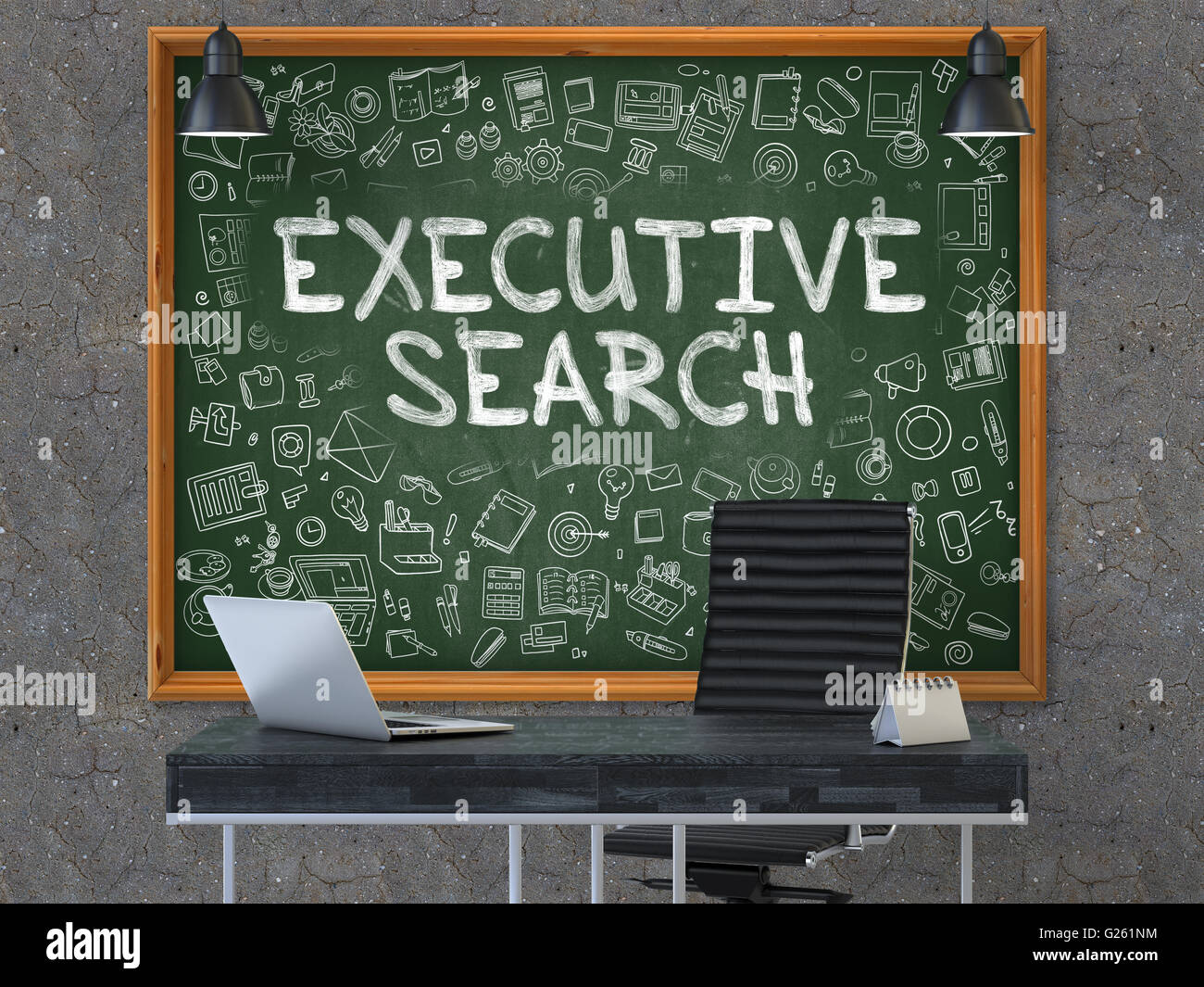 Executive Search on Chalkboard with Doodle Icons Stock Photo - Alamy