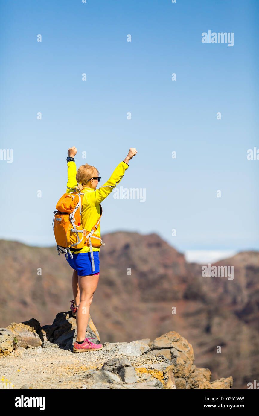 Woman successful hiking climbing silhouette in mountains, motivation ...