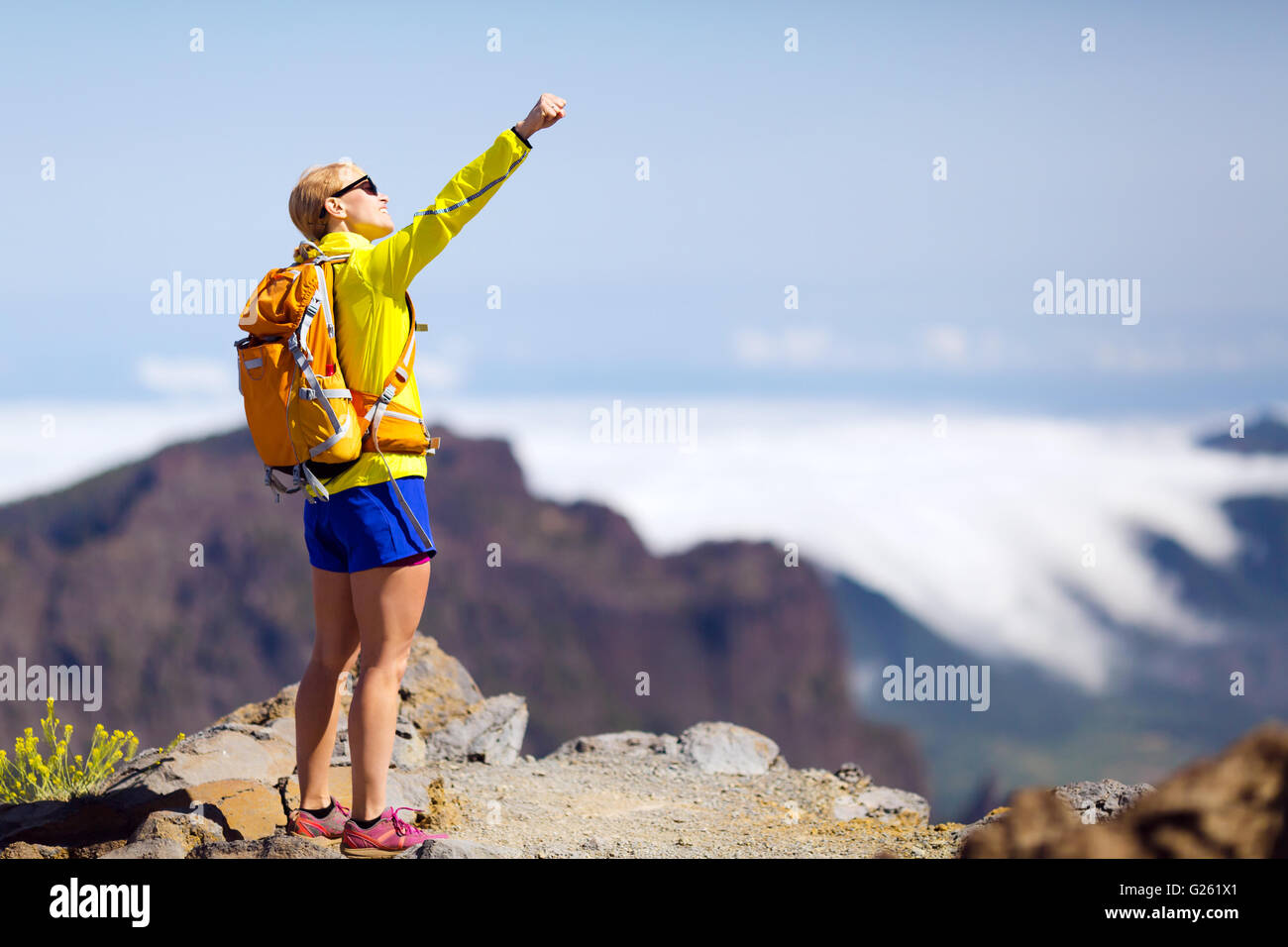 Woman successful hiking climbing silhouette in mountains, motivation ...