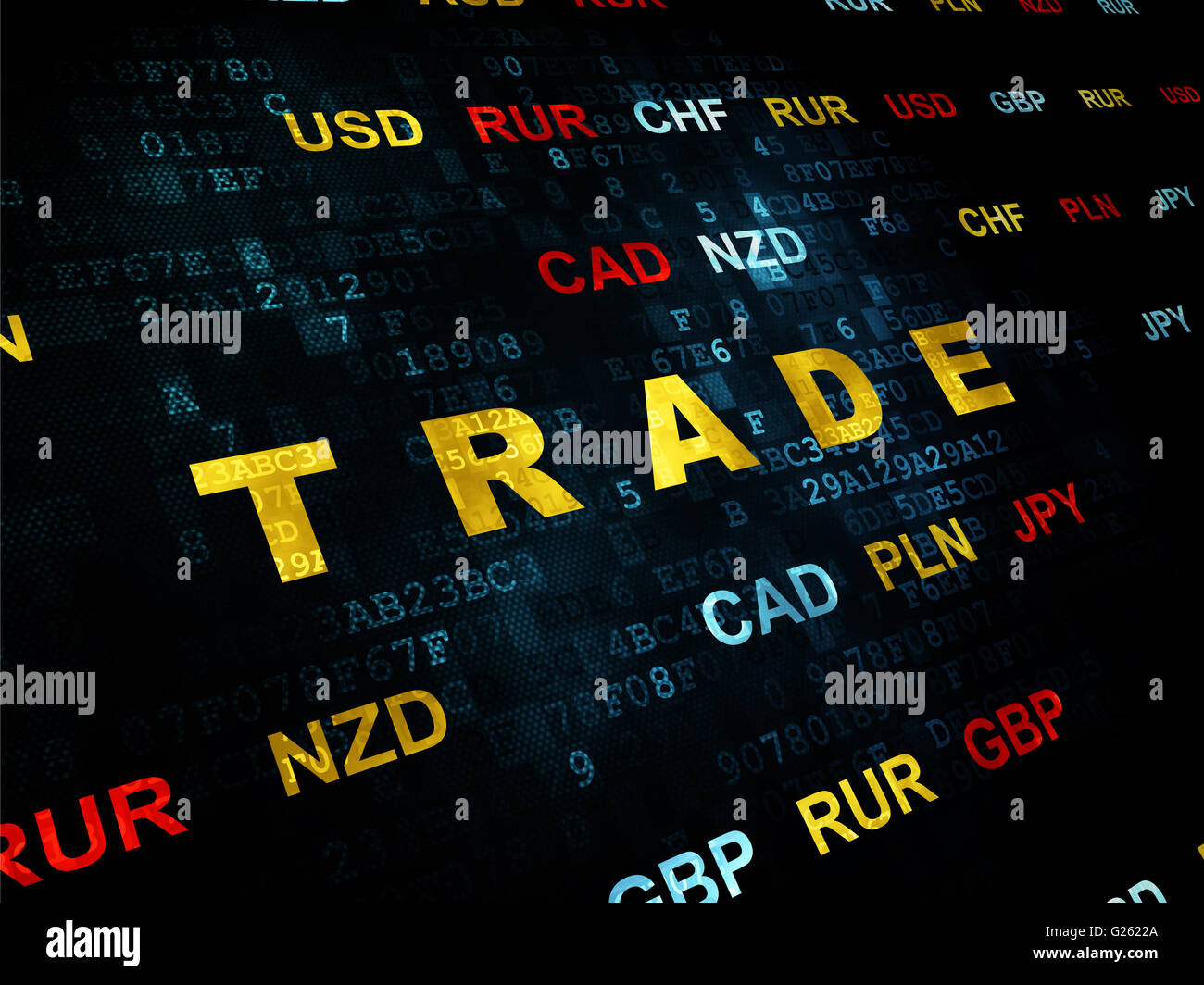 Finance concept: Pixelated yellow text Trade on Digital wall background ...