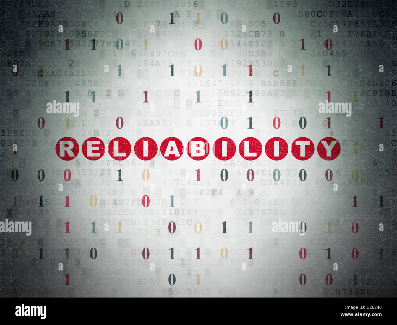 Finance concept: Painted red text Reliability on Digital Data Paper background with Binary Code ...