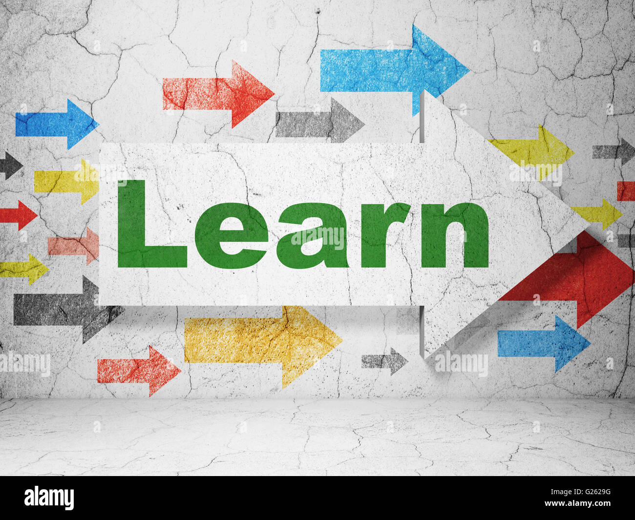 Learning concept: arrow with Learn on grunge textured concrete wall ...