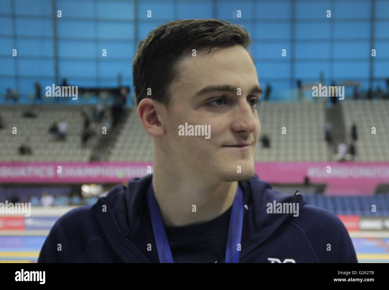 London, England, May 20, 2016: Clement Mignon on the podium of the 4 x ...