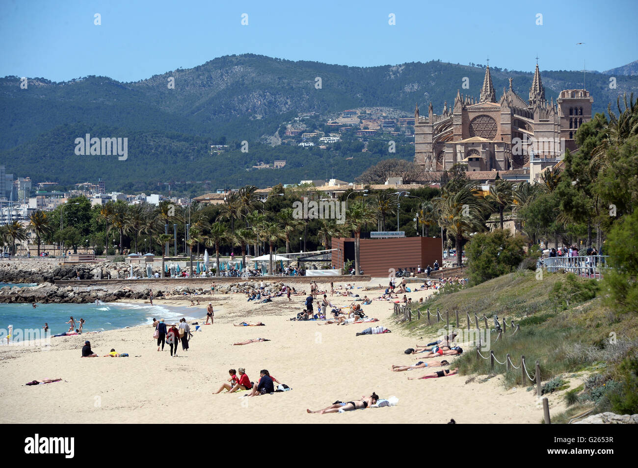 The Es Portixol beach and the Palma Cathedral in Palma (Majorca), Spain ...