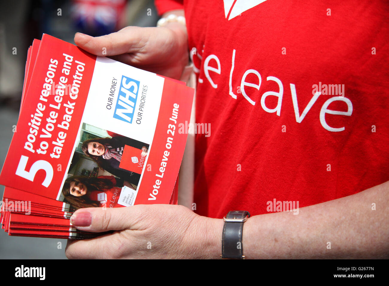 Sloane Square, London, UK 24 May 2016 - Vote Leave campaign leaflet ...