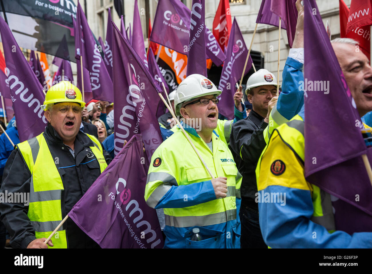 London, UK. 25th May, 2016. Hundreds of steelworkers march through ...
