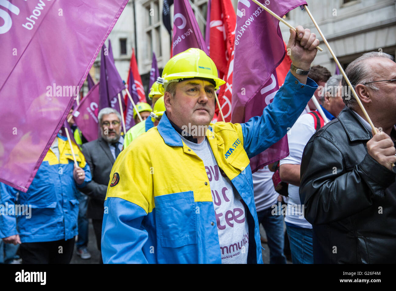 London, UK. 25th May, 2016. Hundreds of steelworkers march through ...