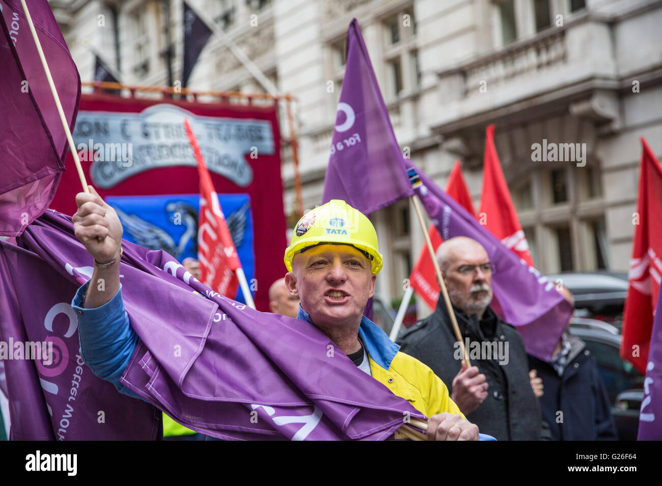 London, UK. 25th May, 2016. Hundreds of steelworkers march through ...