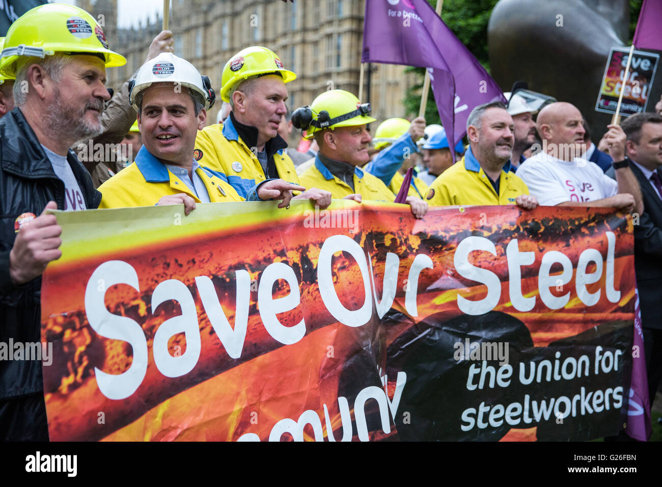 London, UK. 25th May, 2016. Steelworkers outside Parliament to maintain ...
