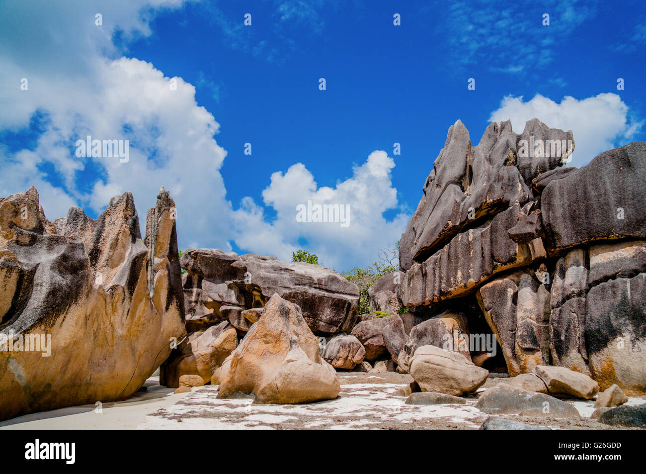 Incredible rock formation on Curieuse Island in the Seychelles Stock ...