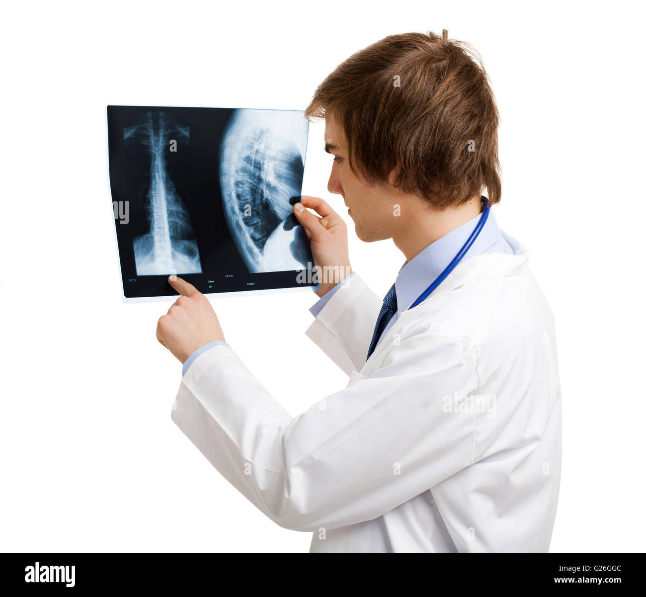 Portrait of a handsome doctor holding a RX, isolated over a white ...