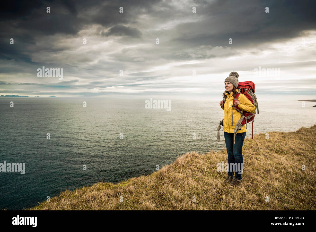 Female backpacker tourist in Icleand ready for adventure Stock Photo ...