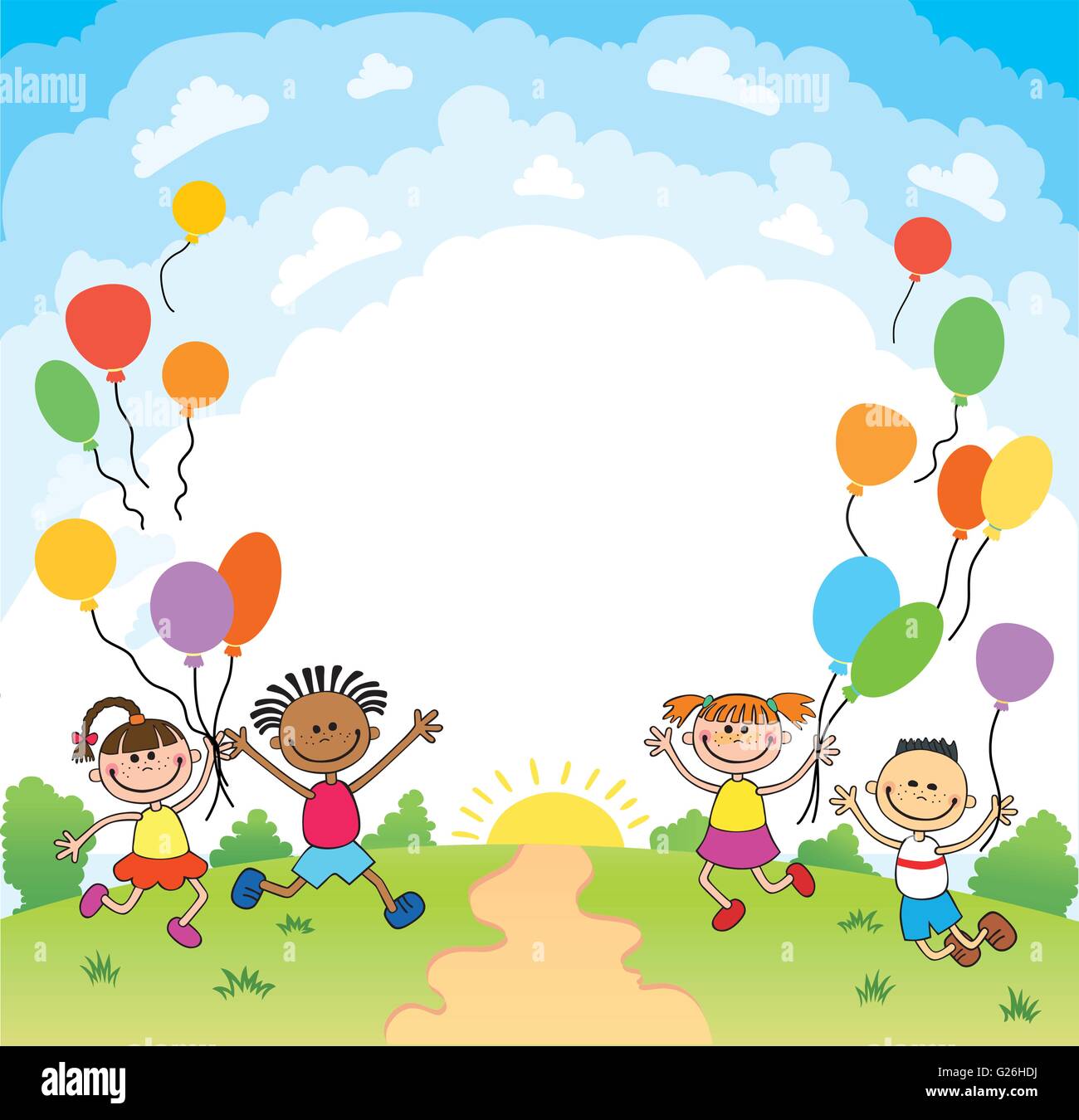 children are jumping ob summer background bunner cartoon funny vector ...