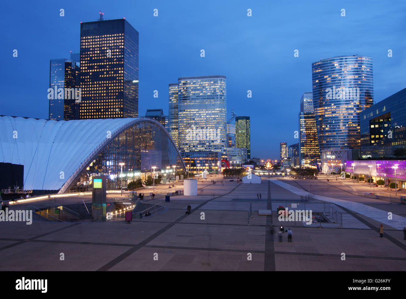 Illuminated office buildings in La Defense, French financial district ...