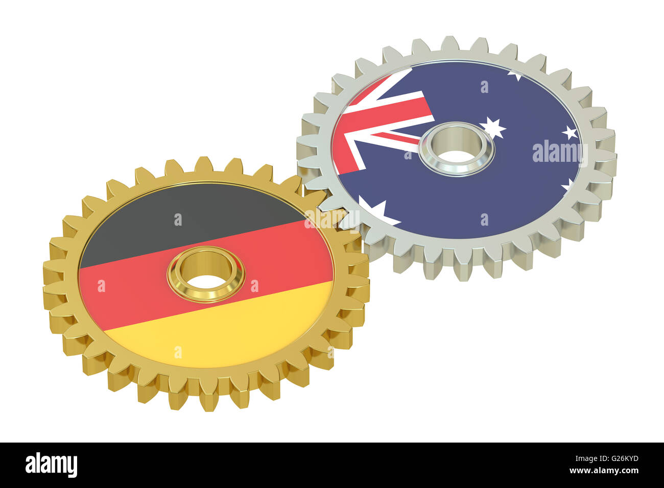 Germany and Australia flags on a gears, 3D rendering isolated on white ...