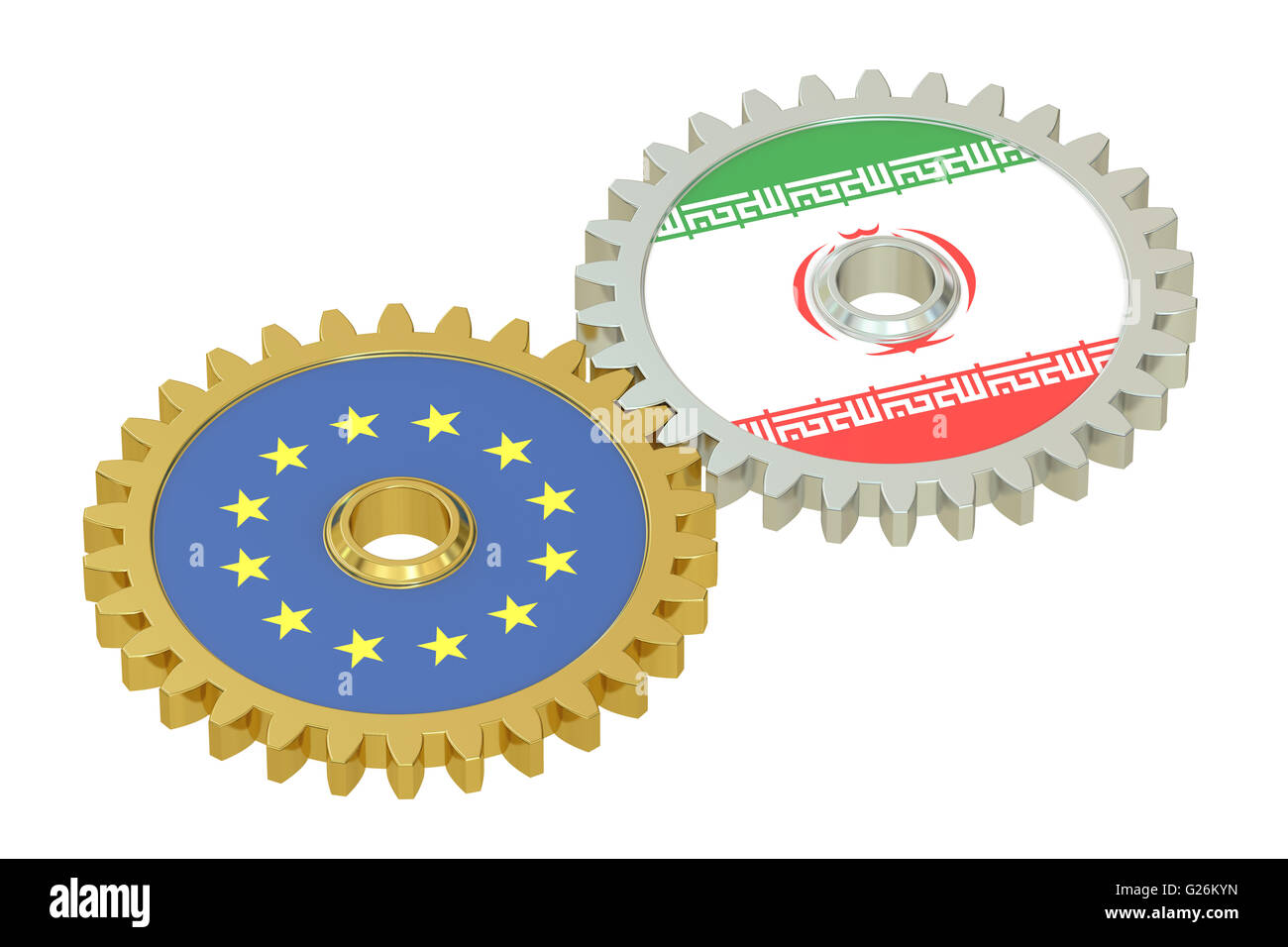 Iran and EU flags on a gears, 3D rendering isolated on white background ...