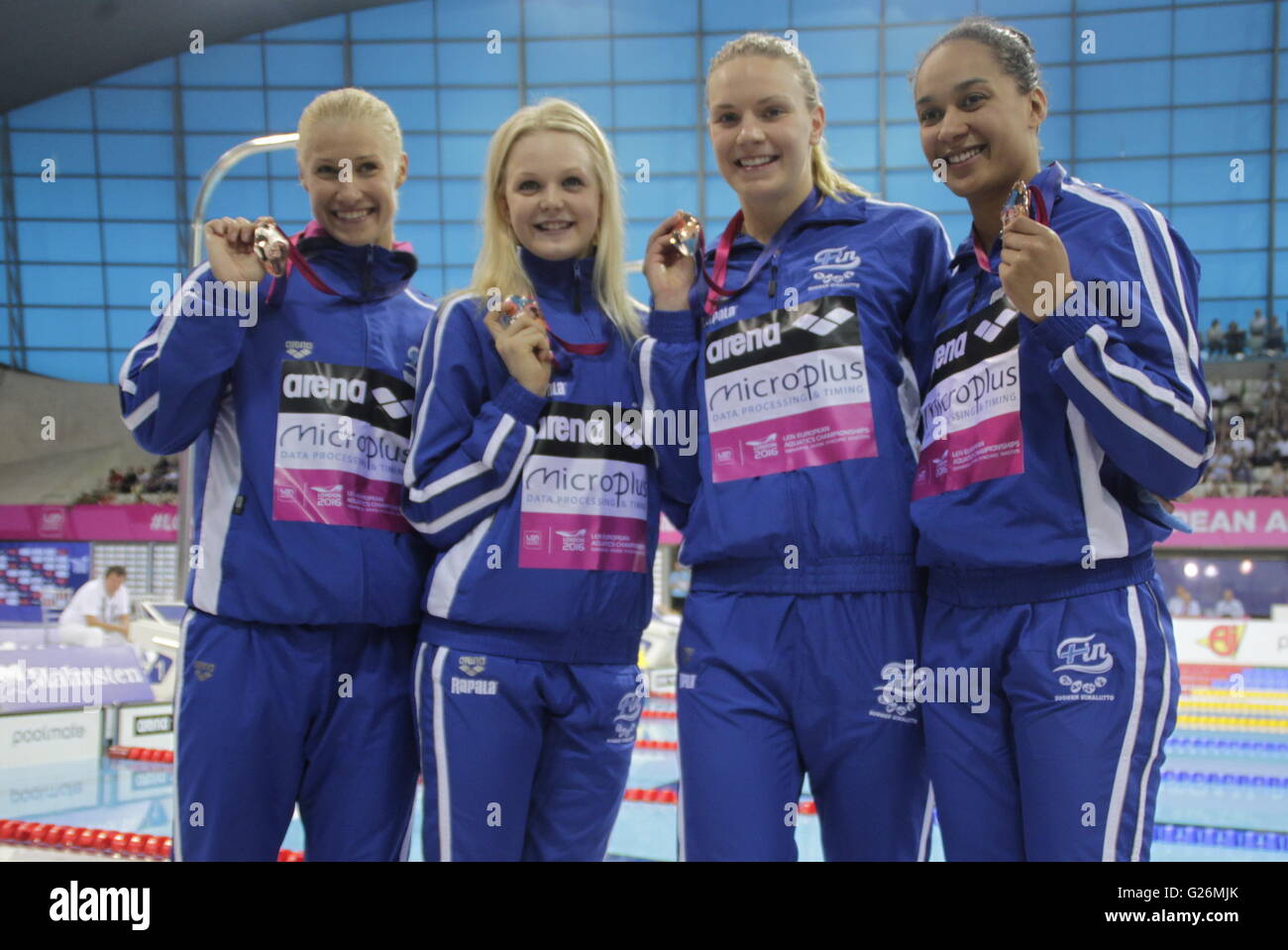London, England, May 22, 2016 Swimmer Finnish 3rd 4 x 100 medley in 4 ...