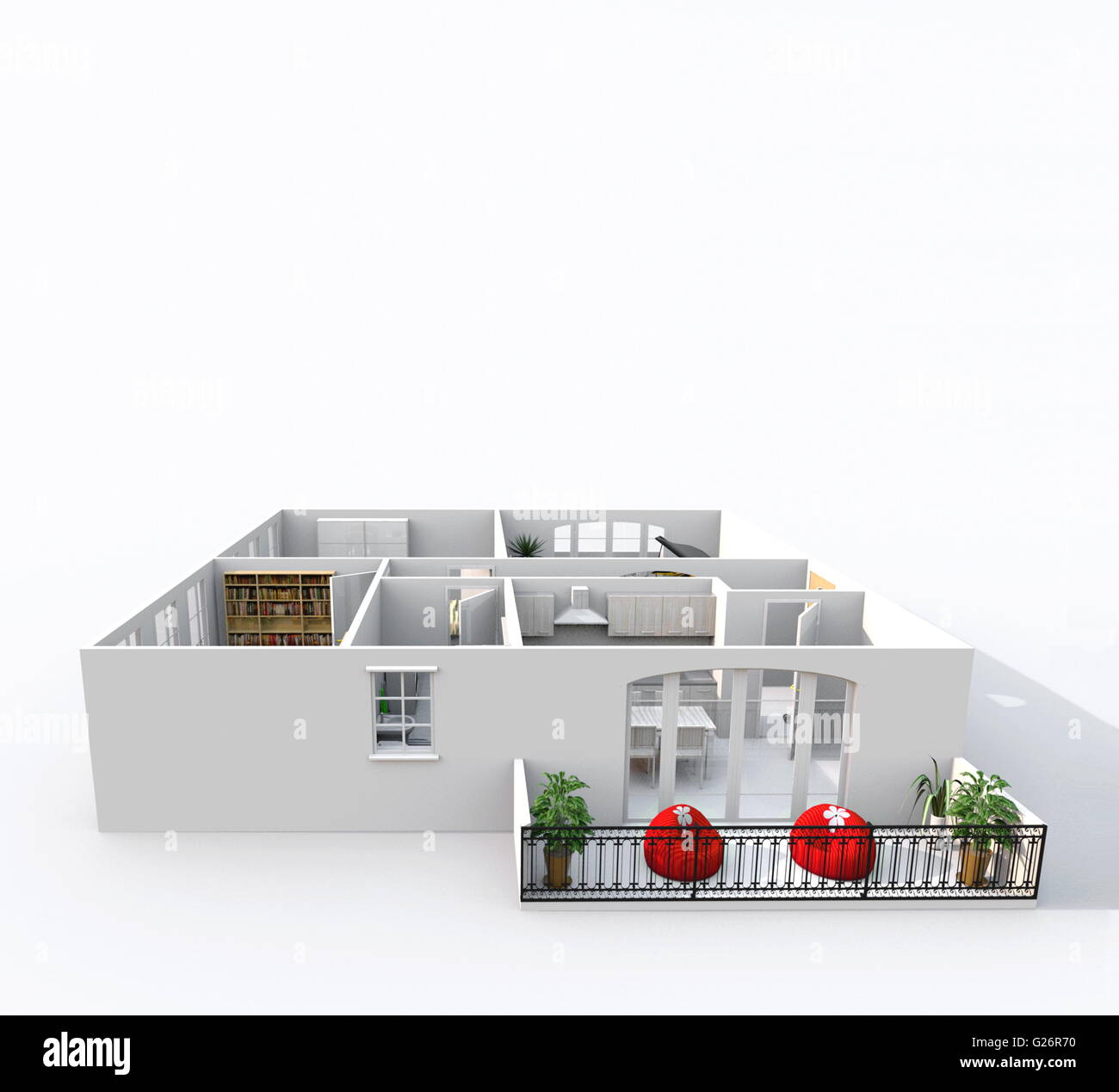 3d interior rendering oblique view of roofless furnished home apartment ...