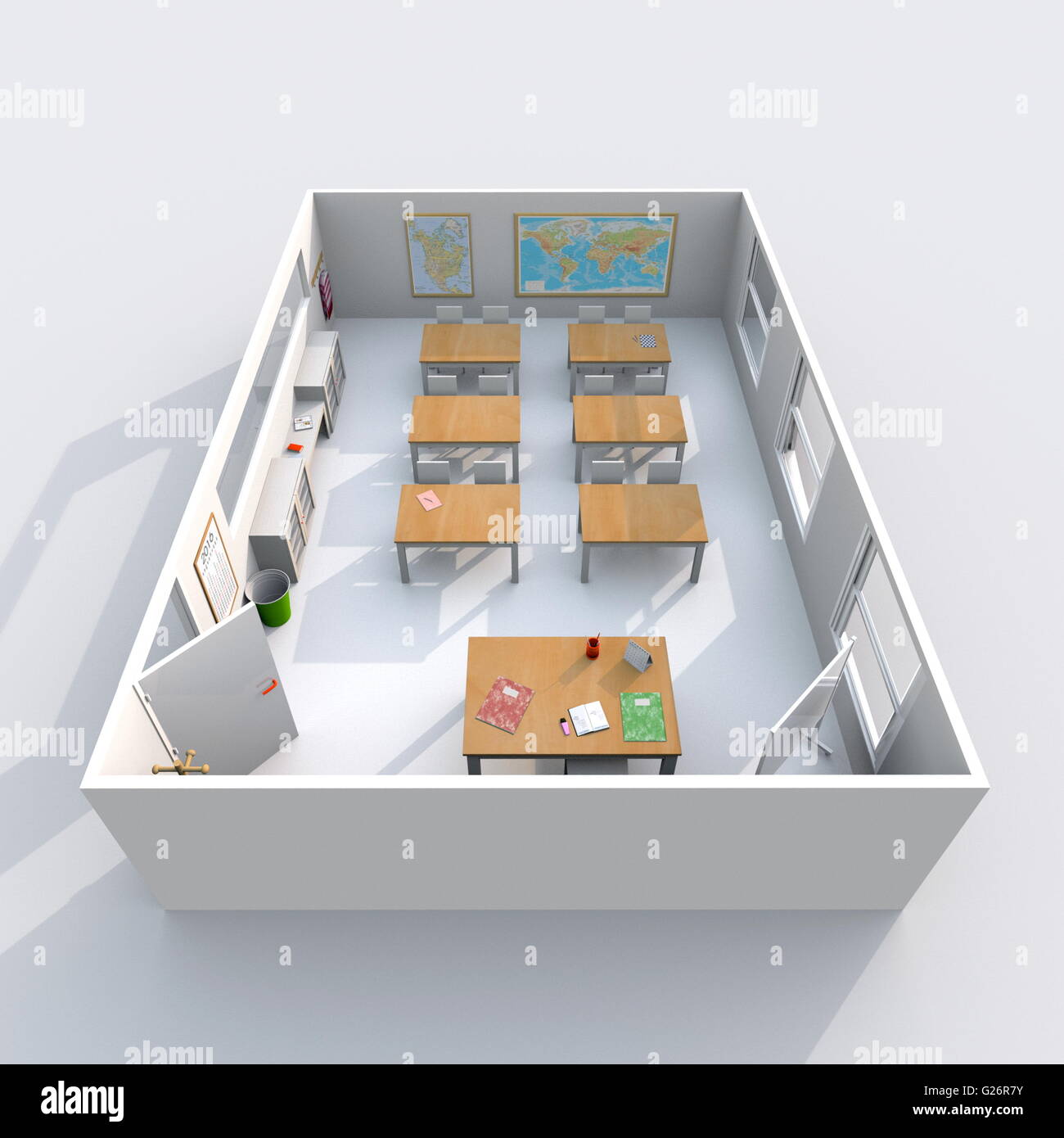 3d interior rendering oblique view of furnished classroom Stock Photo ...