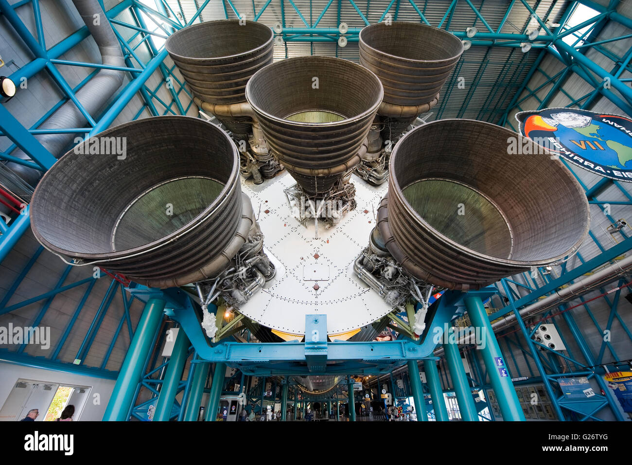 The five engines of the Saturn 5 rocket which is exhibited at the ...