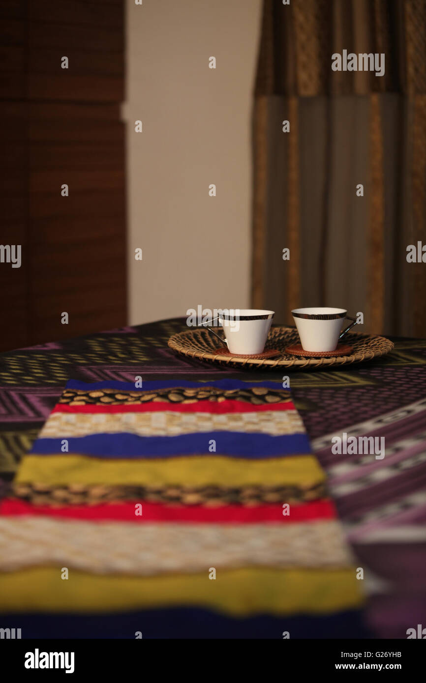 Bedside tea served in two cups in a tray, on a bed in a bedroom Stock ...