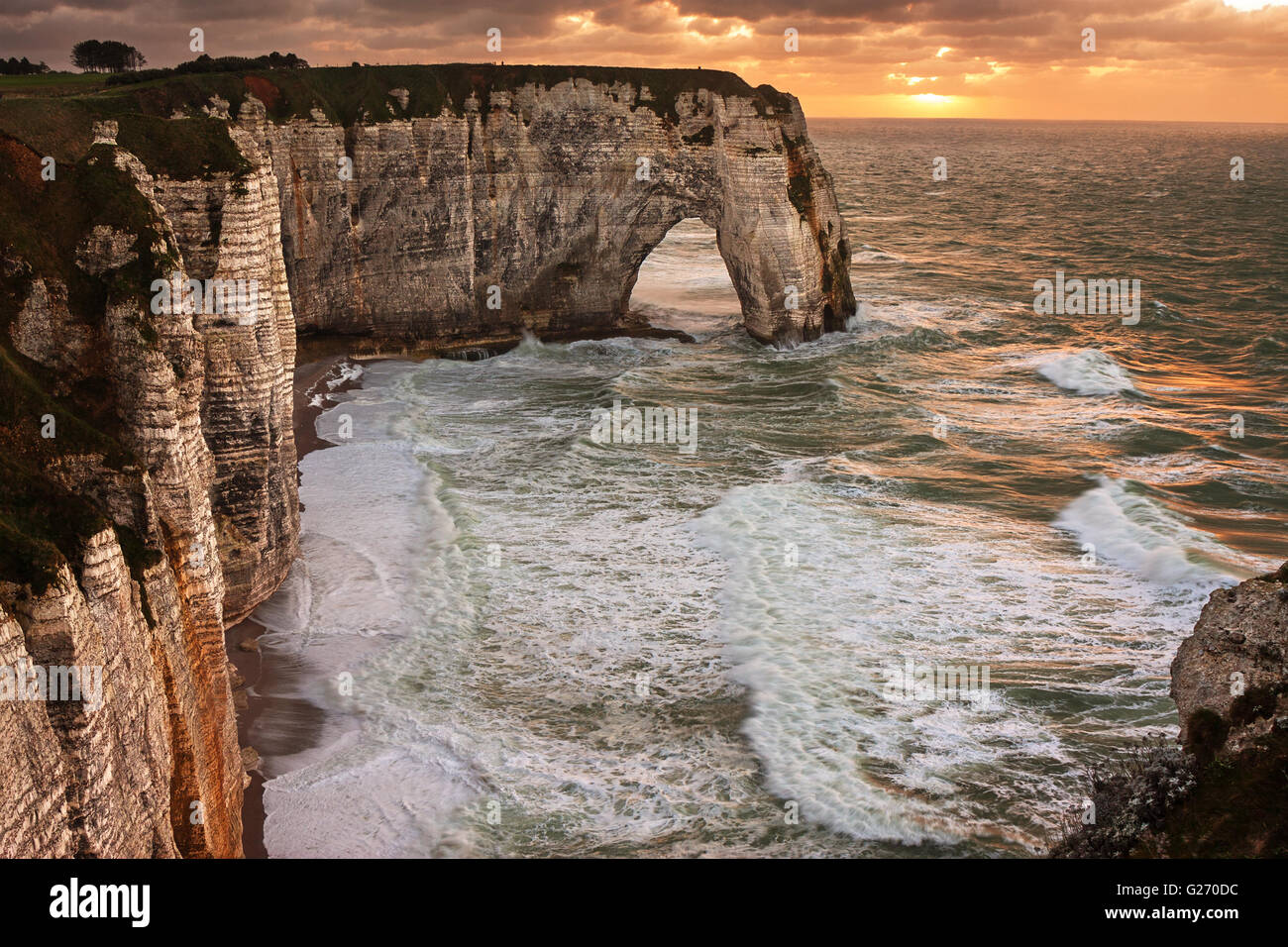 Beautiful sunset on the sea in Etretat, Normandy, France Stock Photo ...